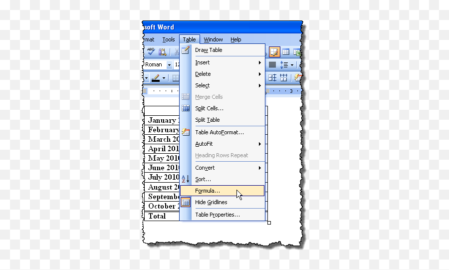 Sum A Table Column In Word Table Menu In Ms Word 2003 Png Microsoft